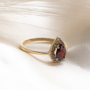 Garnet Ring, 14k Solid Gold Ring, Teardrop Gold Ring, Garnet Engagement ...