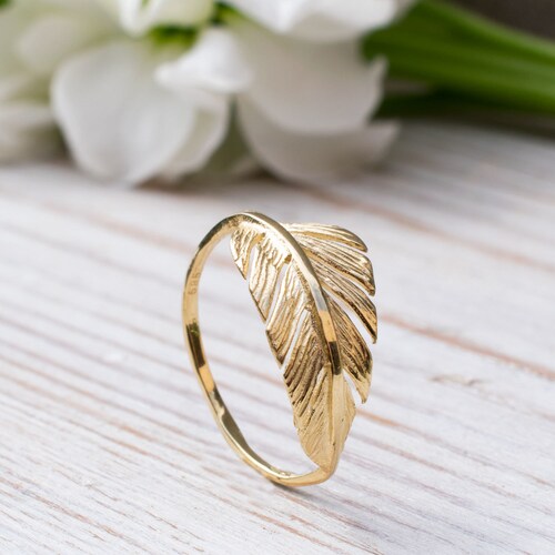 14K Solid Yellow Gold Feather Ring Dainty Fetaher Ring - Etsy