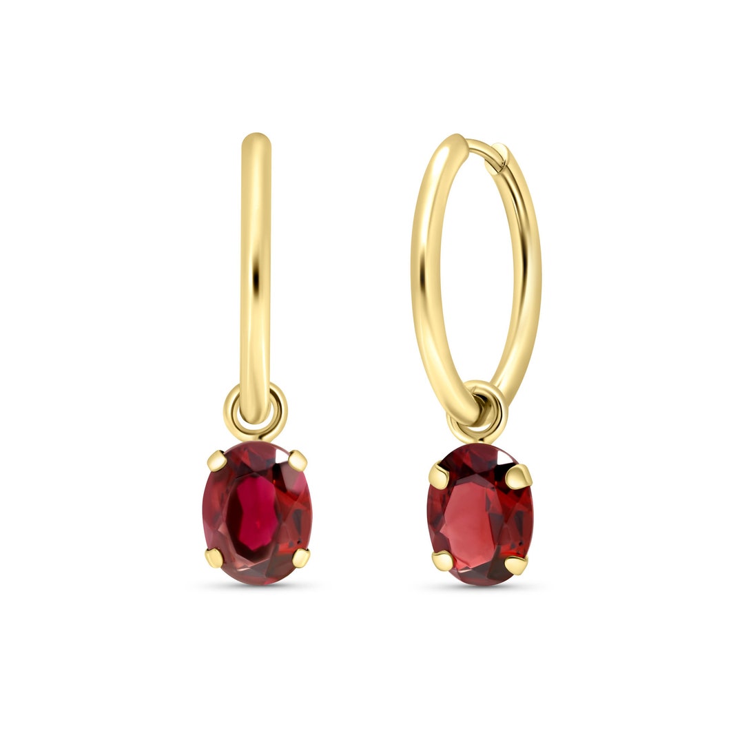 Red Garnet Drop Earrings in 14K Solid Gold Oval Shaped Gemstone Hoop ...
