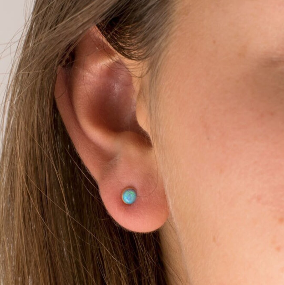 Blue Opal Studs, 14K Gold Earrings, Tiny Gold Studs, Solid Gold ...