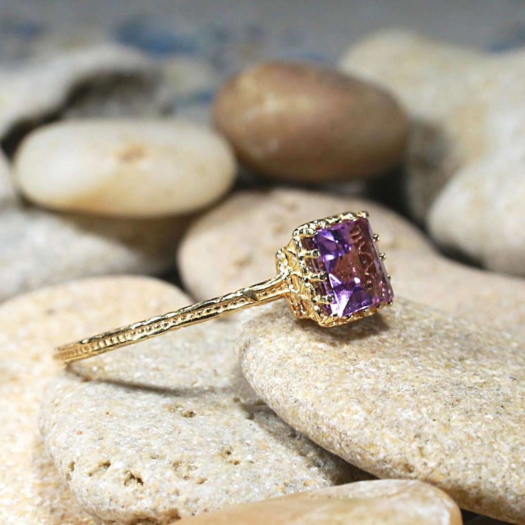 14K Gold Amethyst Ring, 5X5 Yellow Gold Amethyst Gemstone Ring, Dainty ...