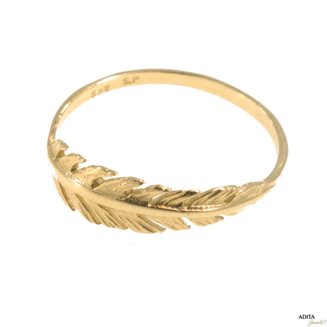 14K Gold Thumb Gold Feather Ring Dainty Ring Simple Ring | Etsy