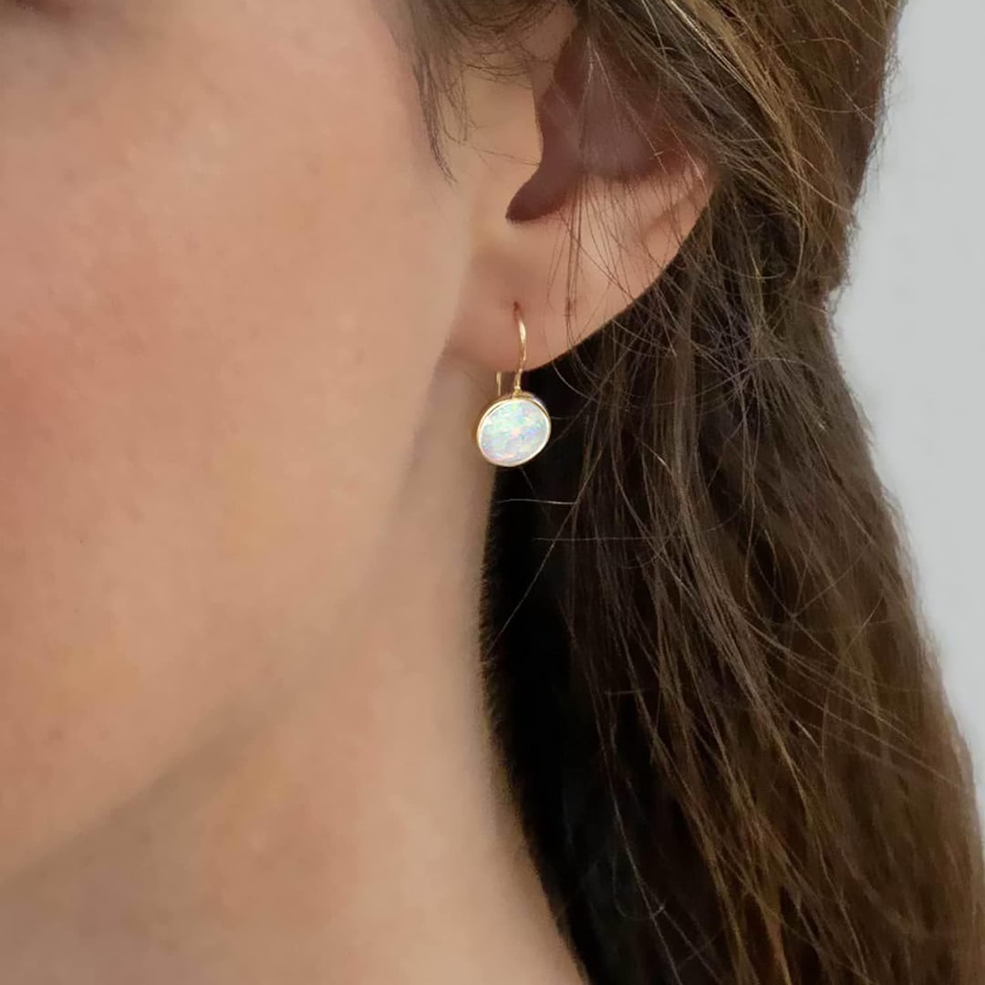 White Opal Earrings, Gemstone Earrings, 14K Gold Opal Earrings, October ...