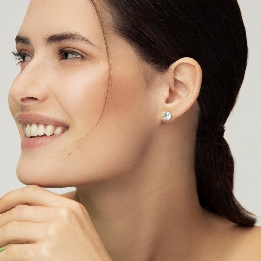 Blue Topaz Gold Stud Earrings for Women, 14kt Solid Gold Earrings Studs ...