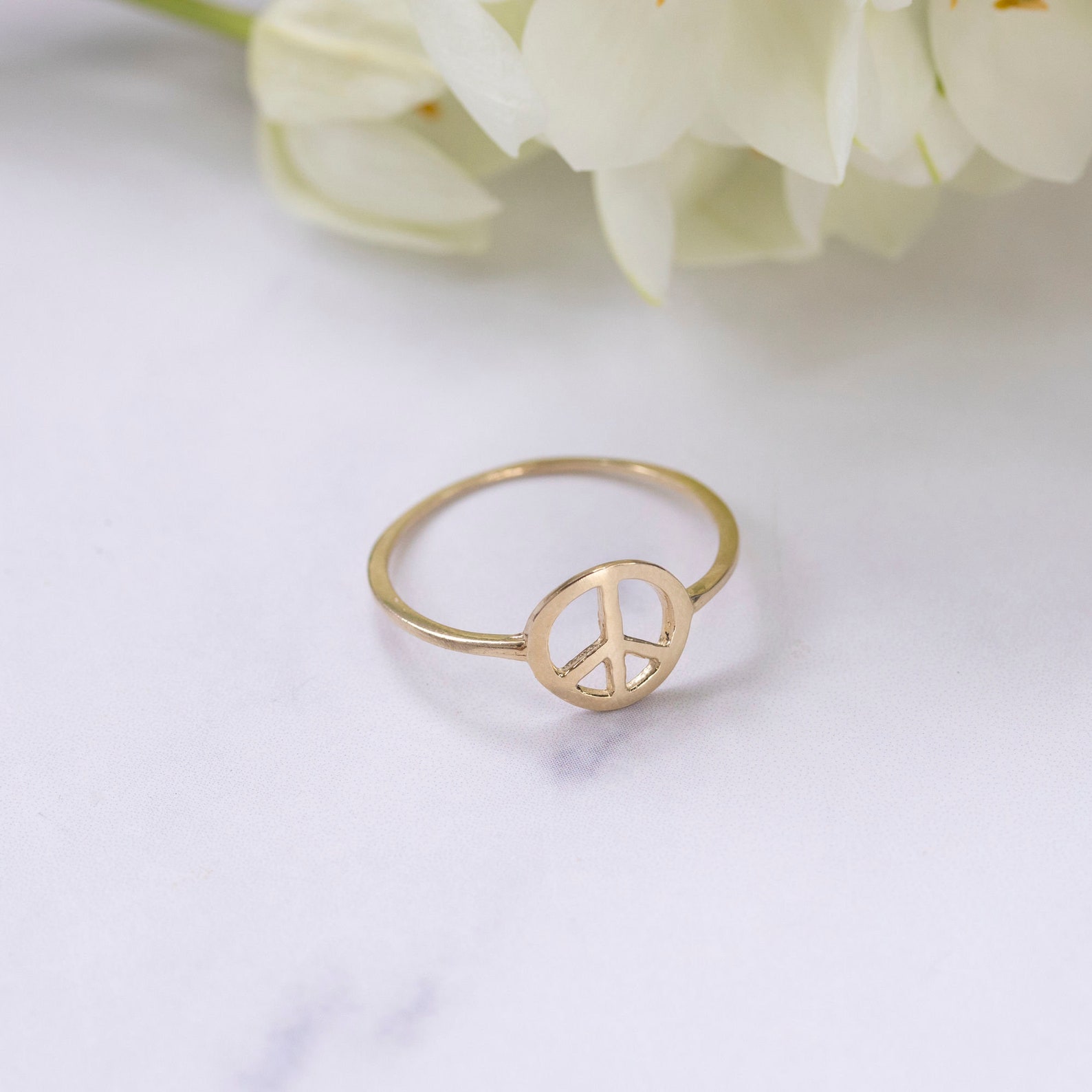 14K Solid Yellow Gold Peace Sign Ring Boho Style Delicate - Etsy