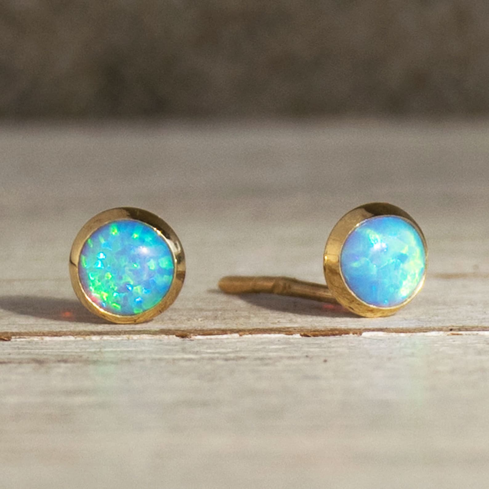 14K Gold Opal Studs Blue Opal Earrings Gold Stud Earrings - Etsy