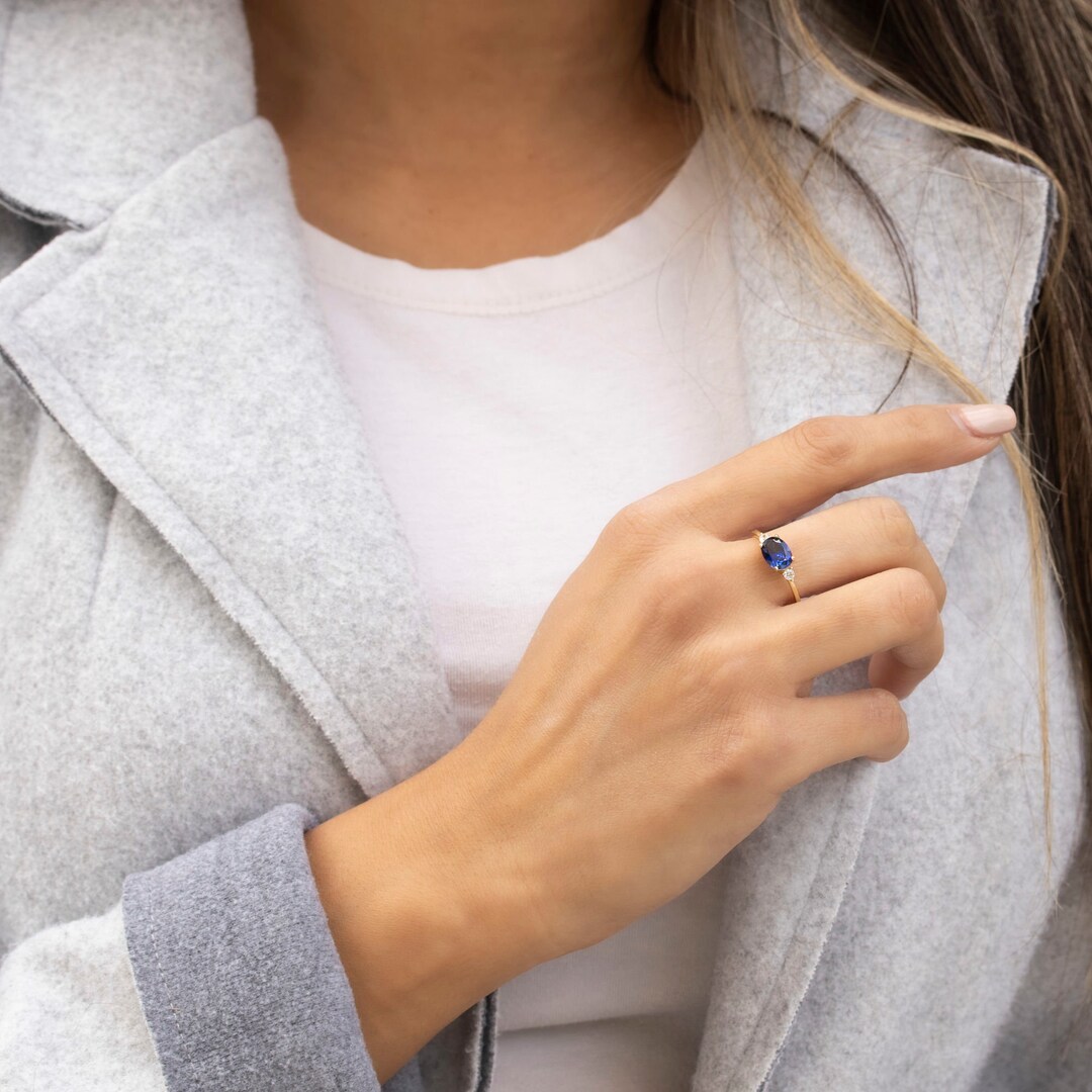 14K Solid Gold Blue Stone Engagement Ring, Real Gold Gemstone Ring ...