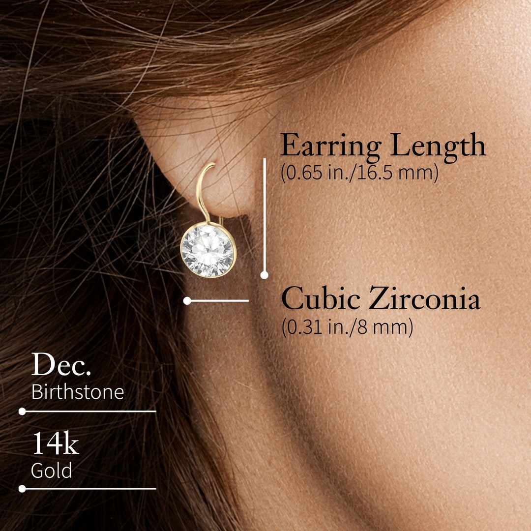 14K Gold Cz Drop Earrings for Women, 8mm White Cz Round Gemstone ...
