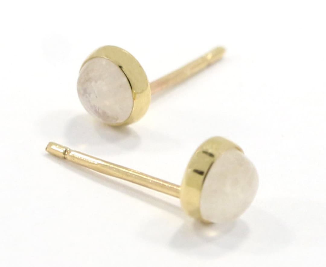 Moonstone Earrings, 14K Gold Studs, Solid Gold Earrings, Tiny Gold ...