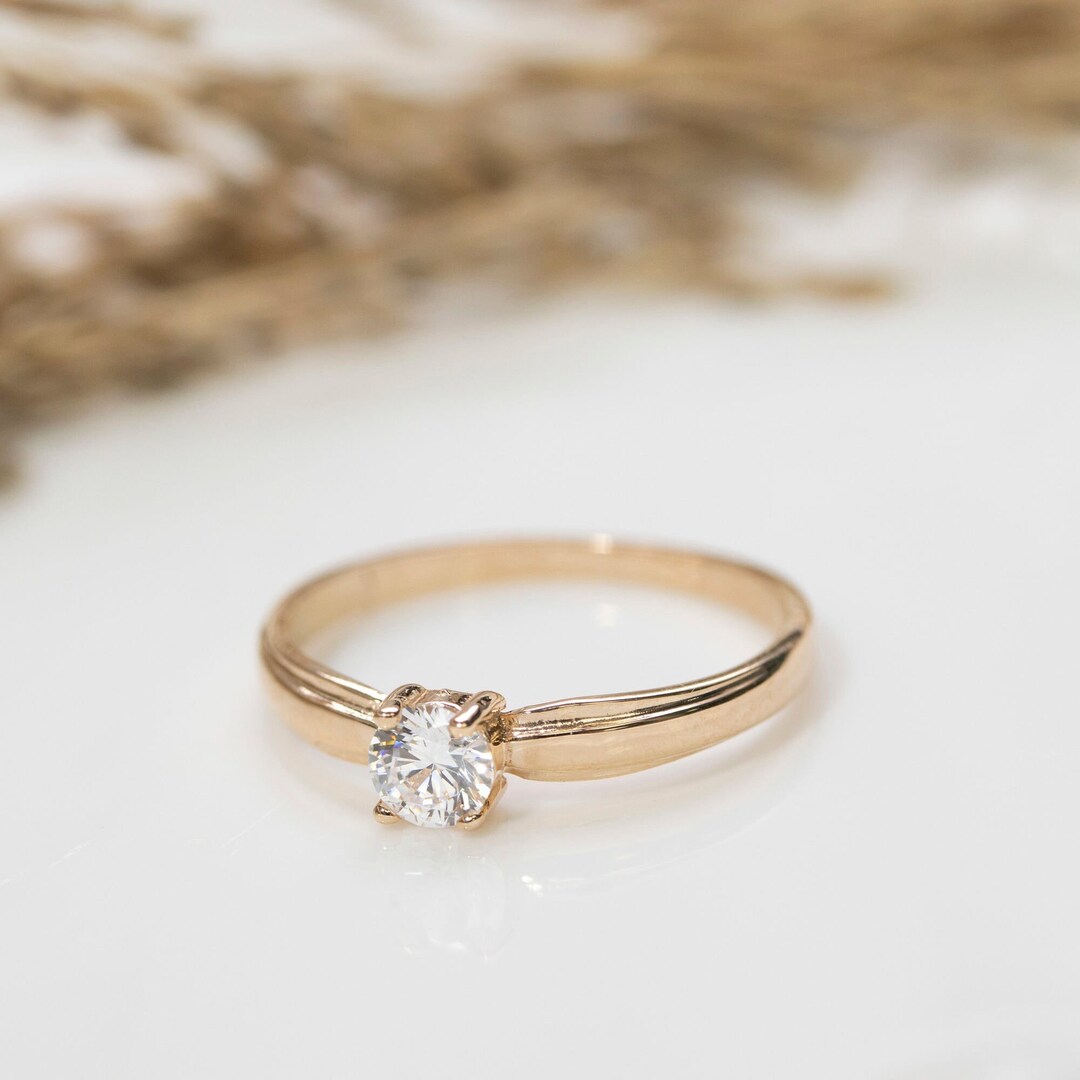 14K Solid Gold White Stone Solitaire Ring , Real Gold Engagement Ring, Rose Gold & Zirconia Ring ...