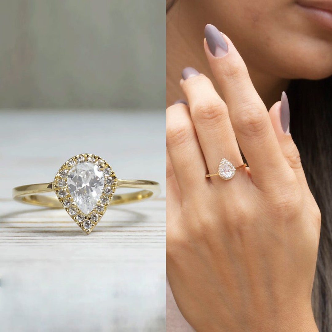 Cubic Zirconia Gold Ring, 14k Solid Gold, Pear Cut Engagement Ring, CZ ...