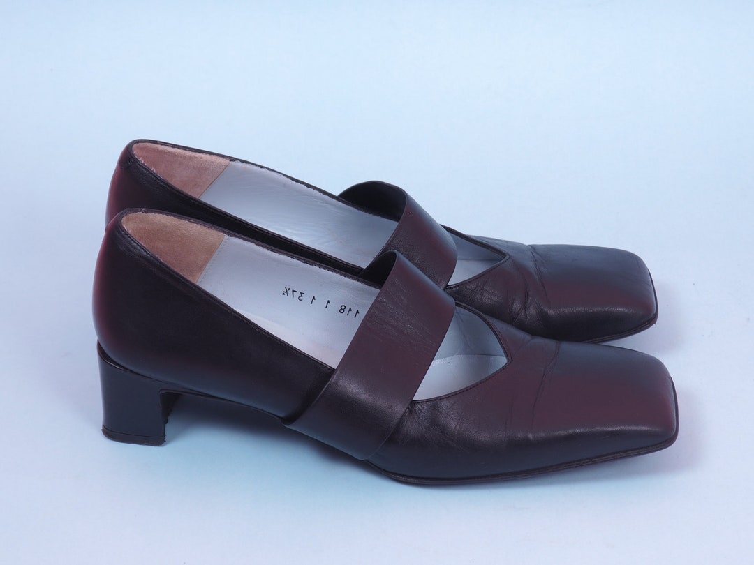 Vintage Square Front Mary Jane Shoes/ Black Pumps/ Leather Shoes/ Block ...
