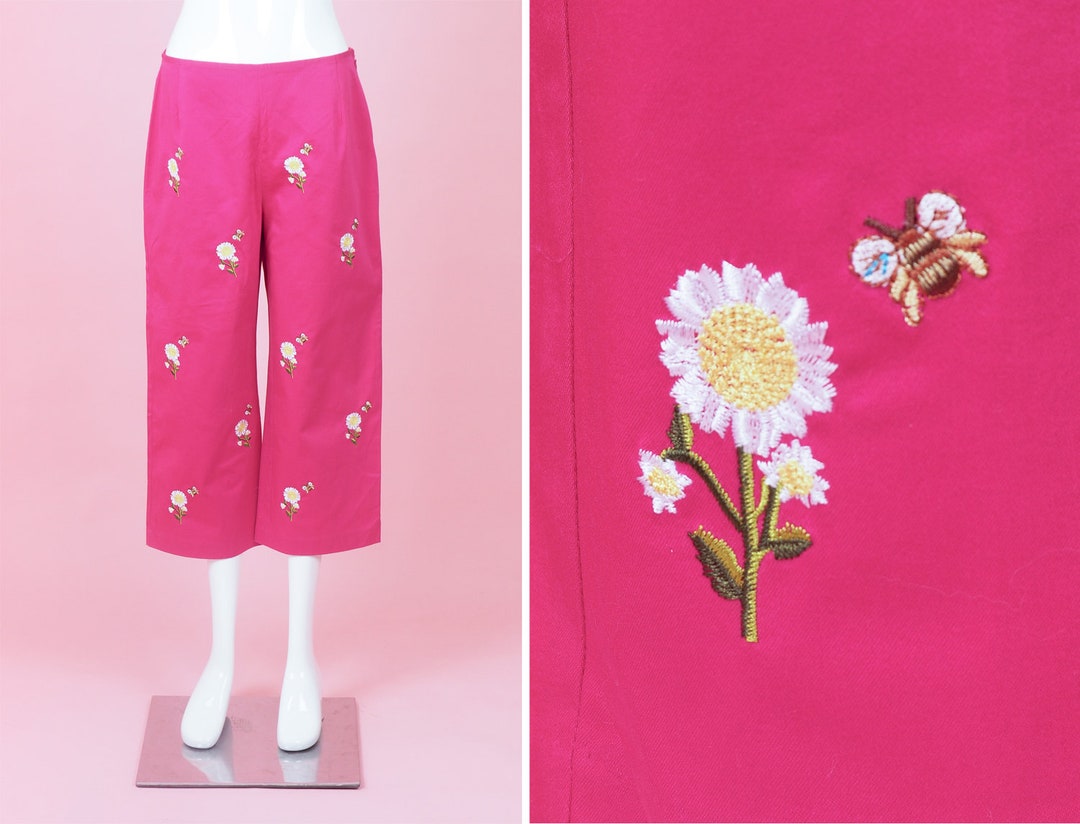 Vintage Richard Malcolm Pink Embroidered Capris/ Wide Leg Pants Shorts ...