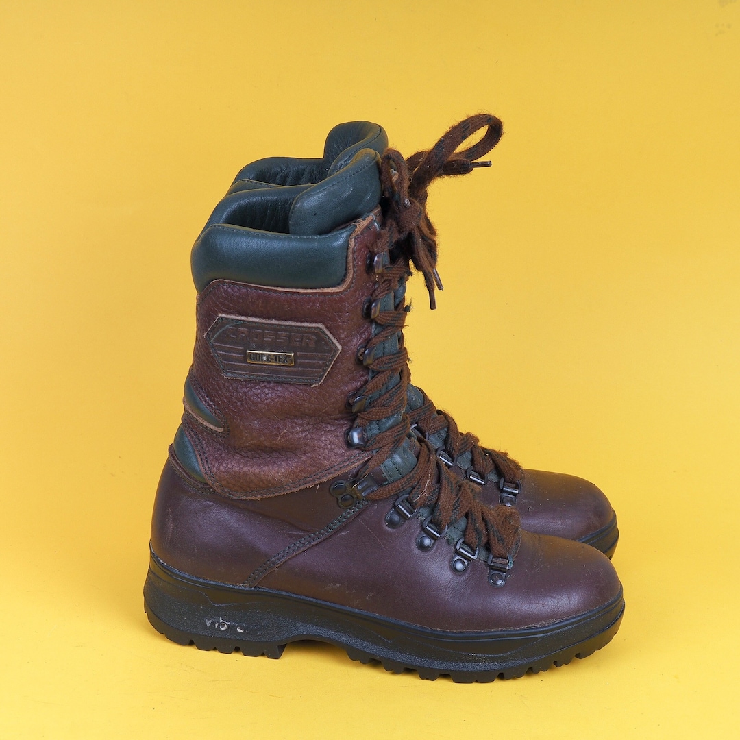 Vintage Vibram Crosser Brown Leather Rustic Hiking Boots/ Gore-tex Lace ...