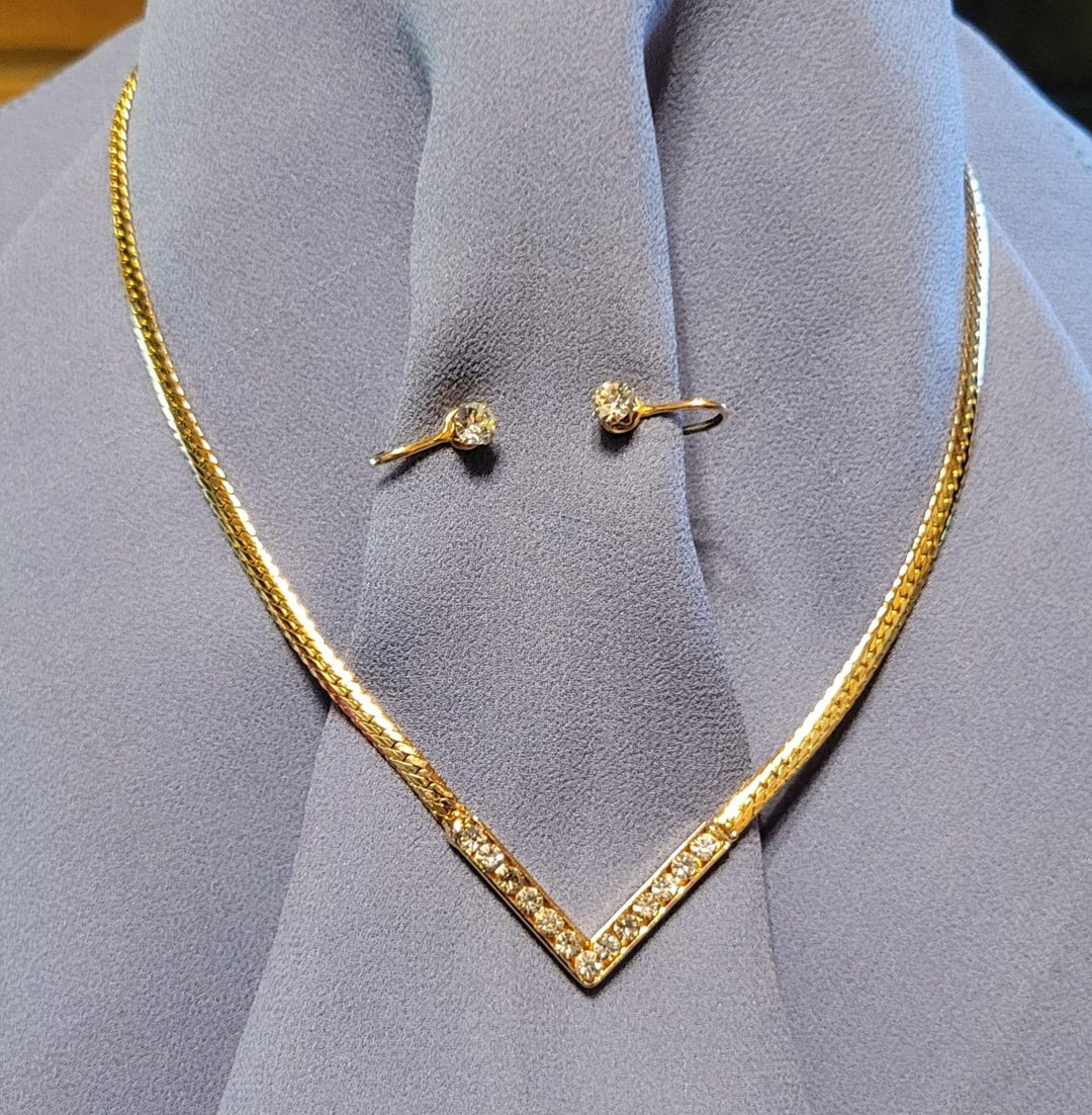 Vintage Golden Omega Necklace & Rhinestone Screw-back Earrings Set - Etsy