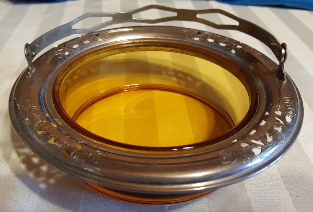 Vintage 1930s Farberware Amber Glass Dish With Metal Ring and Folding ...