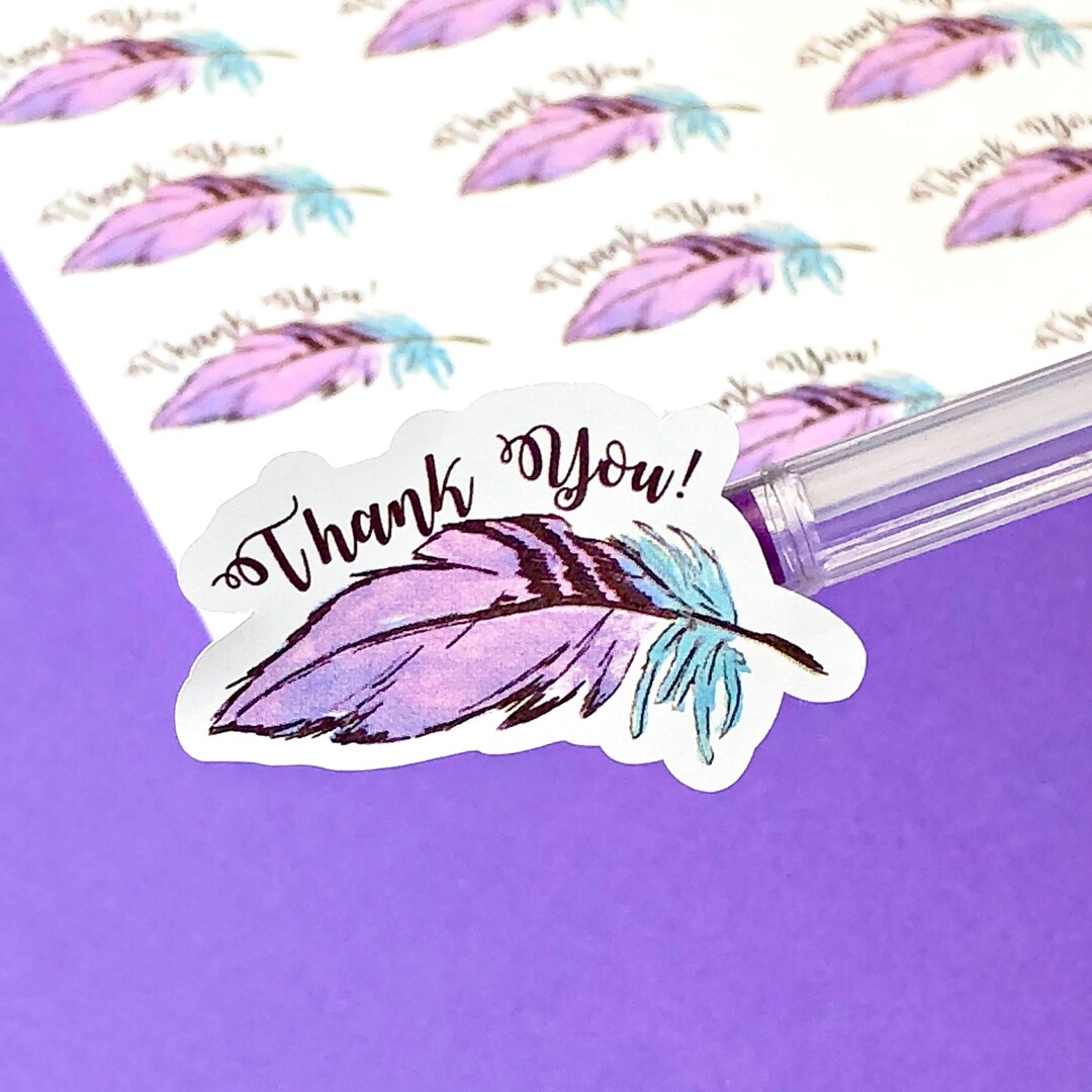 Thank You Feather Stickers, Boho Stickers, Thank You Stickers, Purple ...