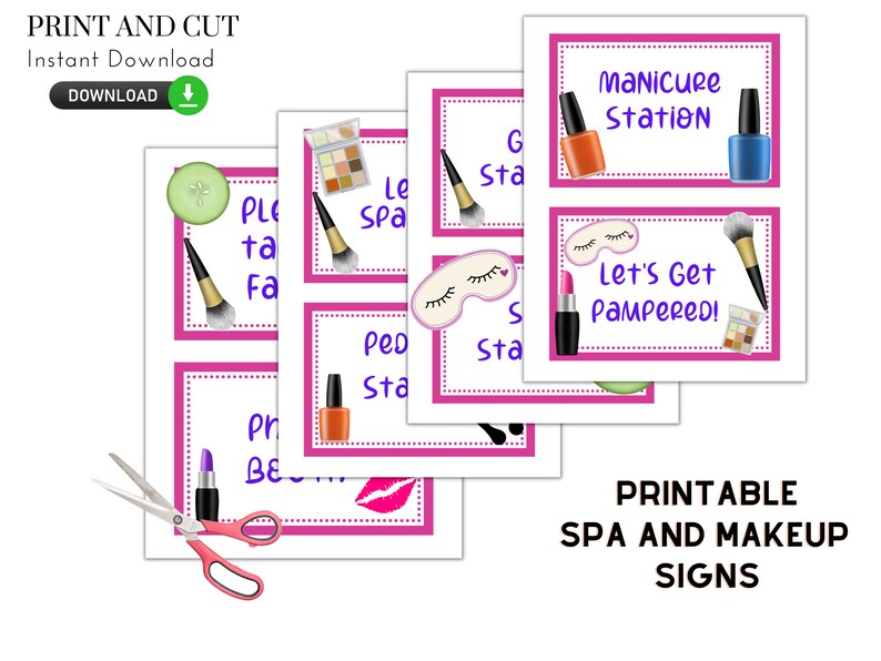 Spa and Make up Signs (printable) - Digital Spa Party Decorations, DIY ...