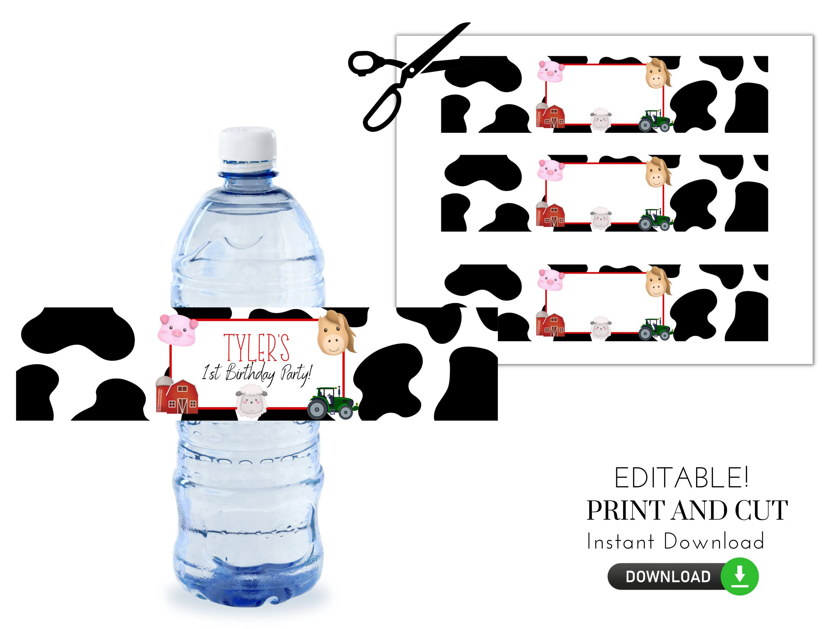 Farm Water Bottle Labels - PRINTABLE and Editable - Print and Cut, Diy ...