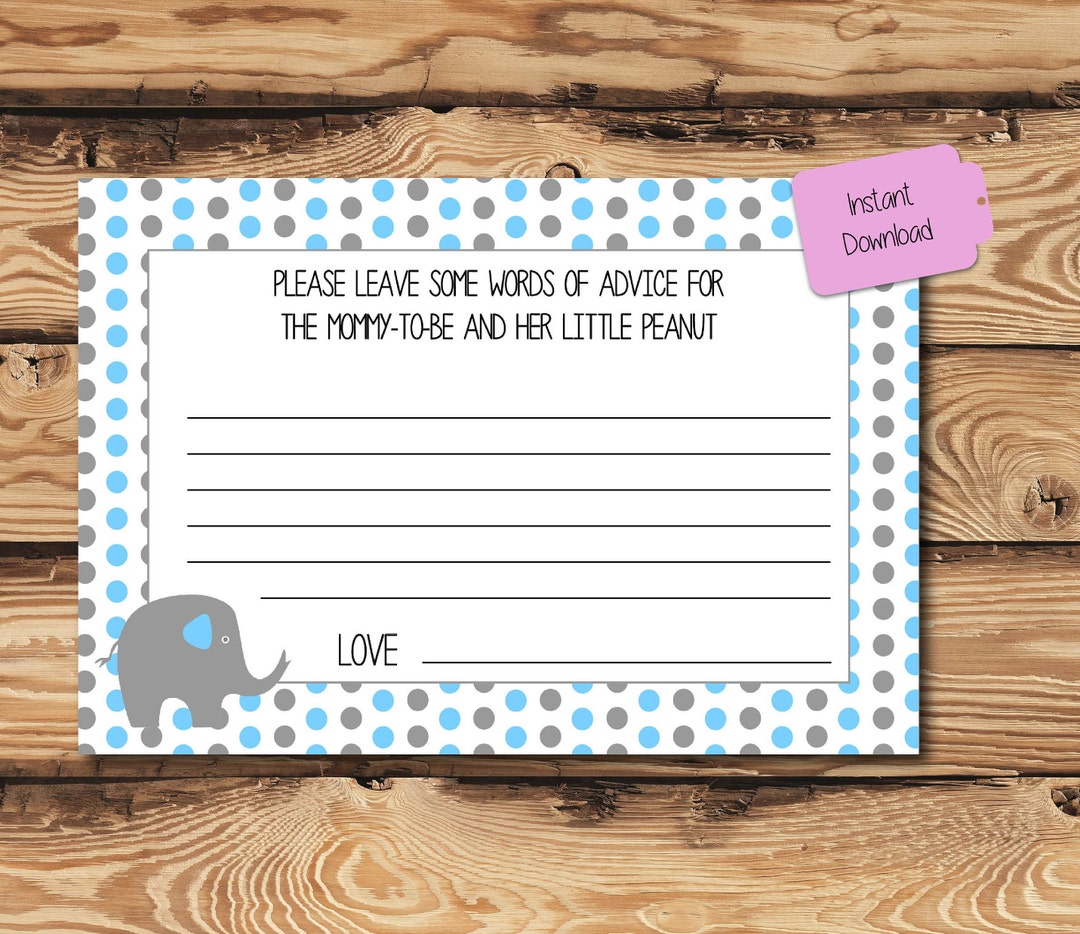 Elephant Baby Shower Advice Cards (digital) - in Blue and Gray, Polka ...