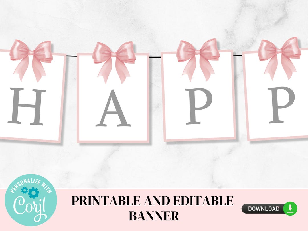 Pink Bow Banner Printable and Editable | Coquette Bow Party Decorations ...