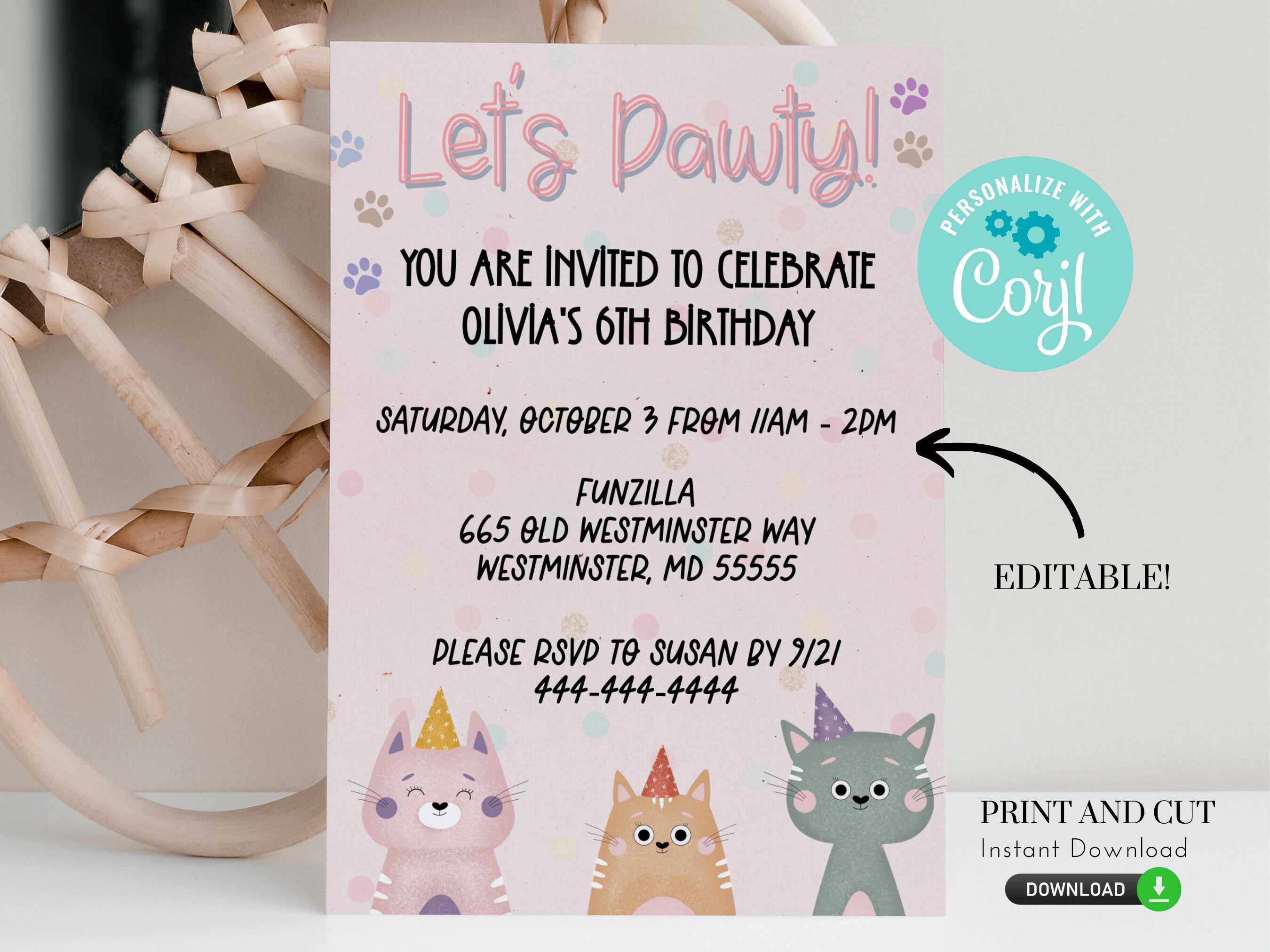 Editable and Printable Let's Pawty Invitation for Birthday Party, Cat ...