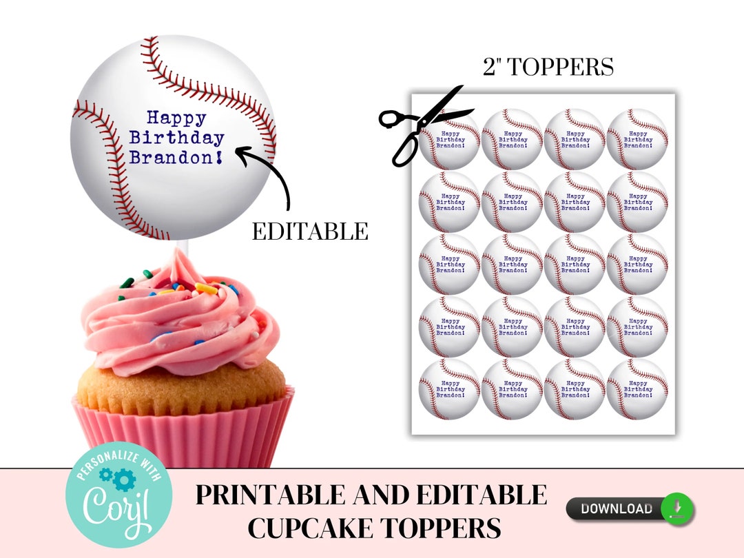 Editable and Printable Baseball Cupcake Toppers for Birthday, Sports ...