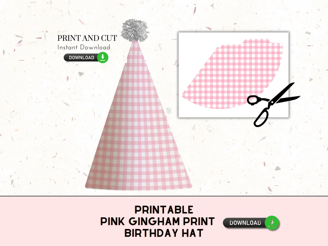 Printable Pink Gingham Party Hat (DIY) - Download, Birthday Hat, Bday ...