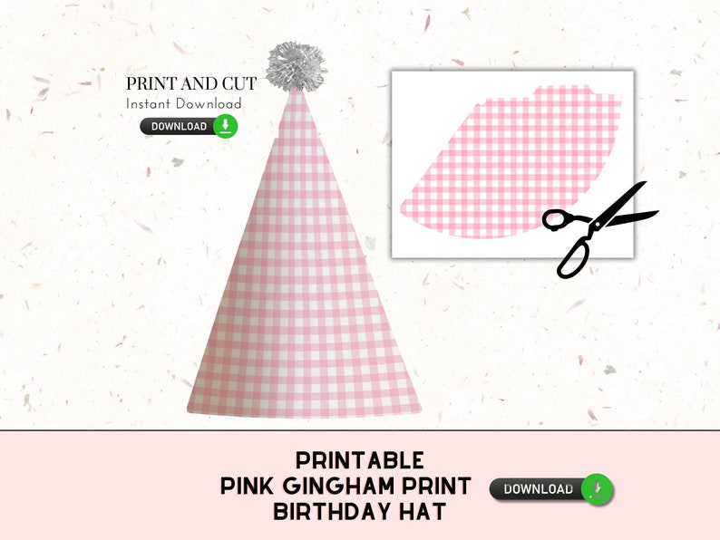 Printable Pink Gingham Party Hat DIY Download, Birthday Hat, Bday Party ...