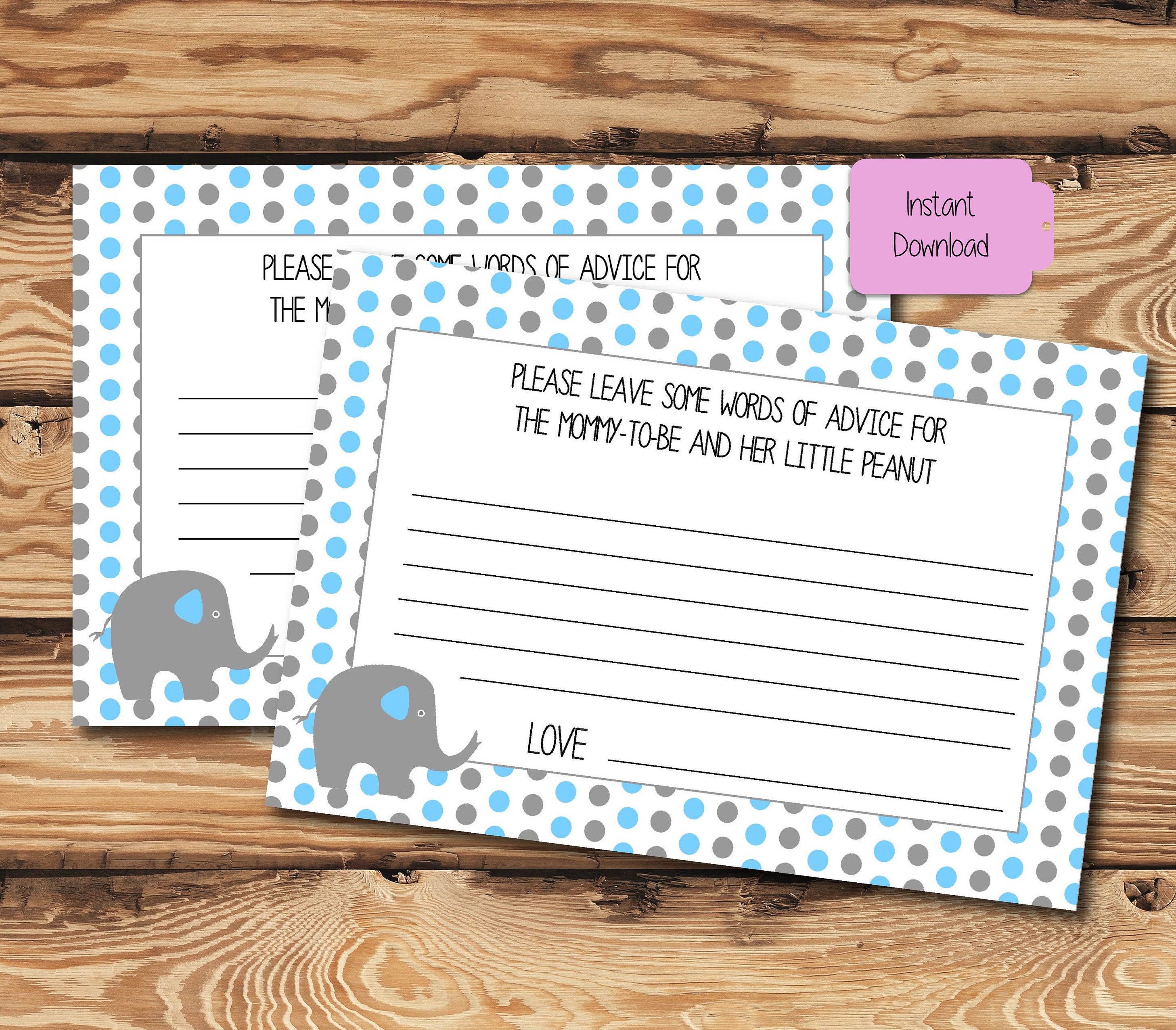 Elephant Baby Shower Advice Cards (digital) - in Blue and Gray, Polka ...