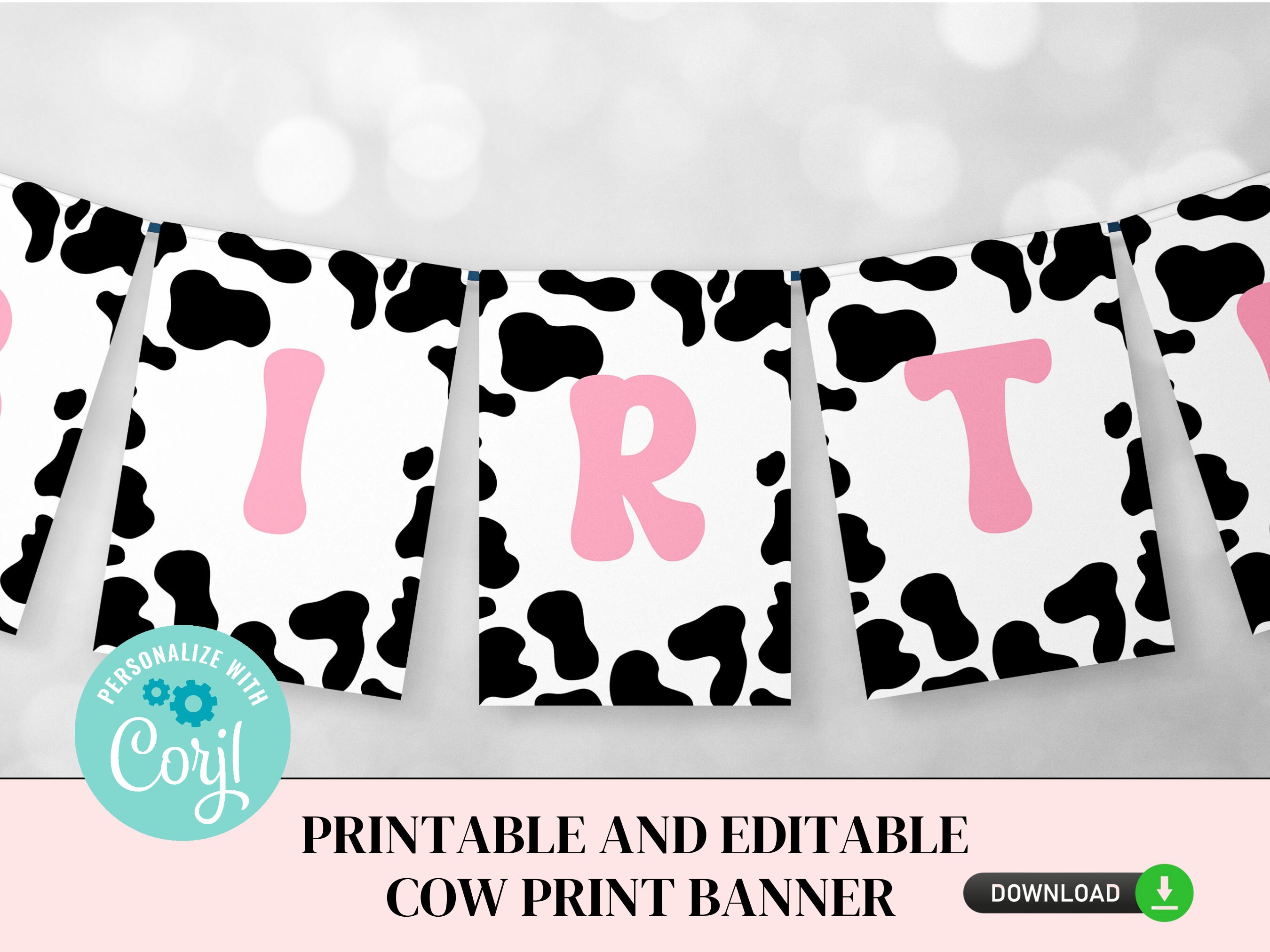 Printable and Editable Banner in Cow Print, Farm Party, Cow Decor, Baby ...