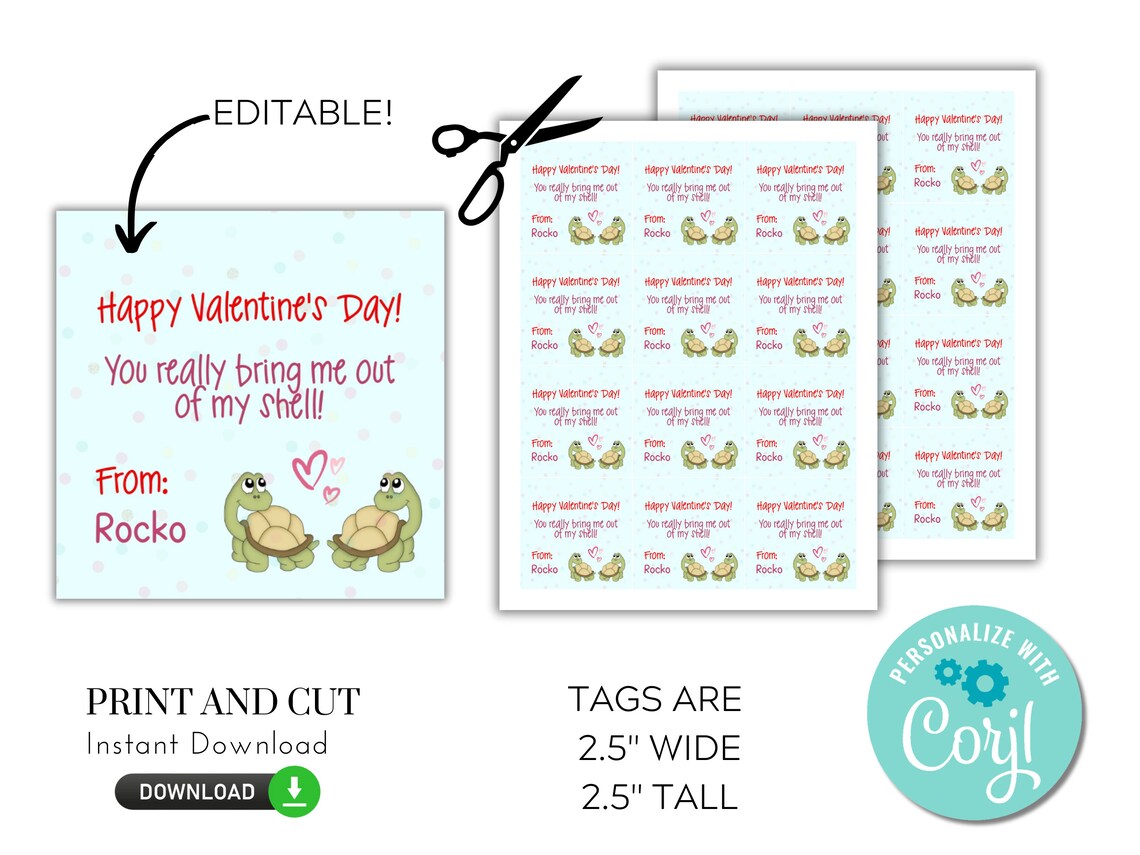 Turtle Valentine Tag- Printable and Editable -valentines Day Card ...