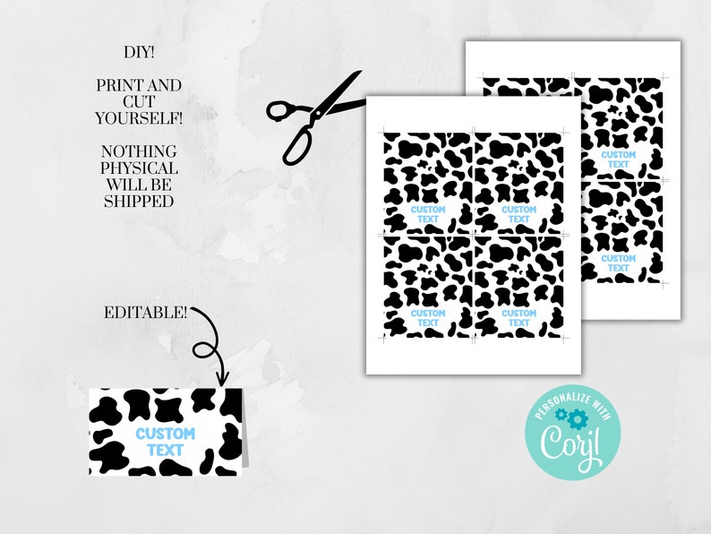 Cow Print Place Cards Printable and Editable - Customize, DIY, Name ...