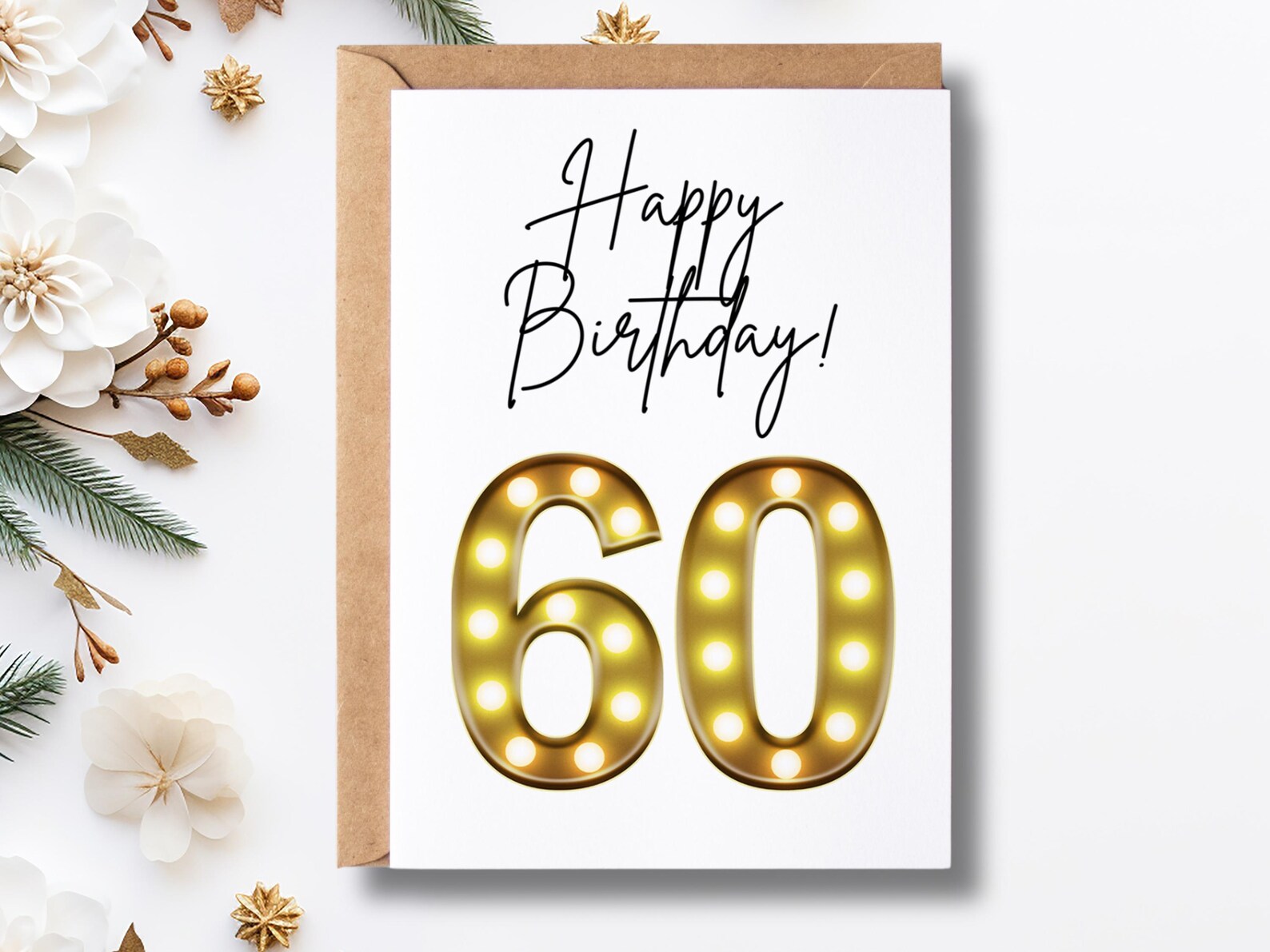 Printable 60th Birthday Card | 60th Bday Card | Marquee Lights | DIY ...
