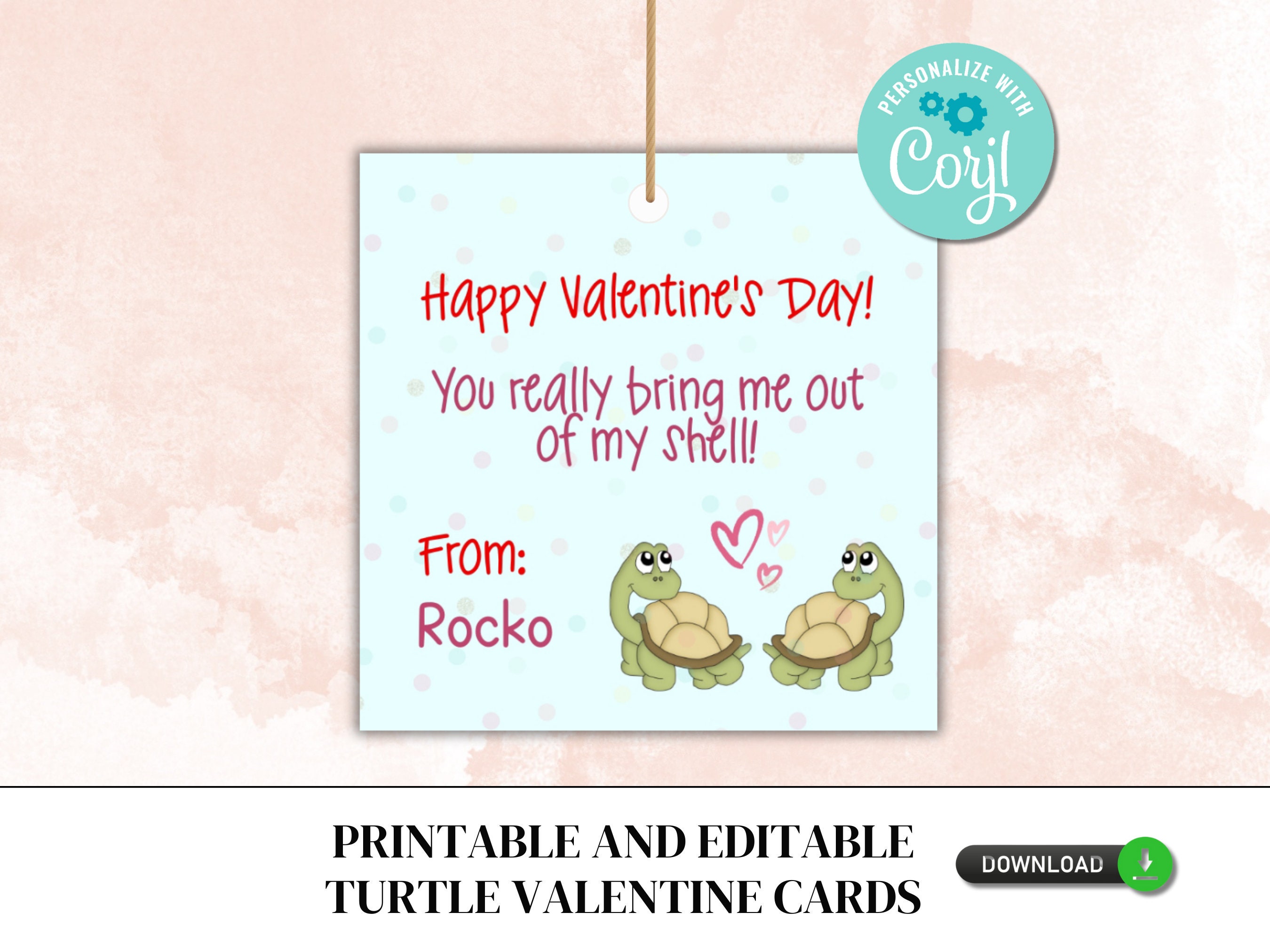Turtle Valentine Tag- Printable and Editable -valentines Day Card ...