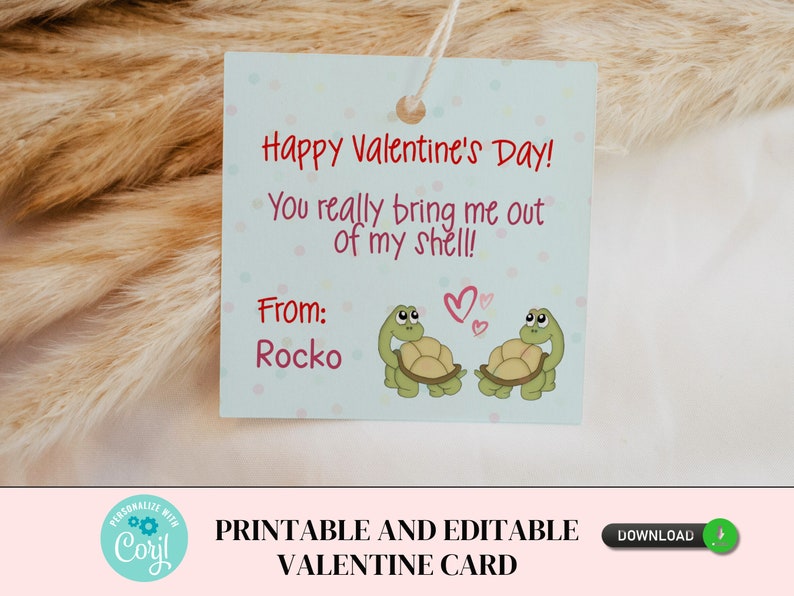 Turtle Valentine Tag- Printable and Editable -valentines Day Card ...