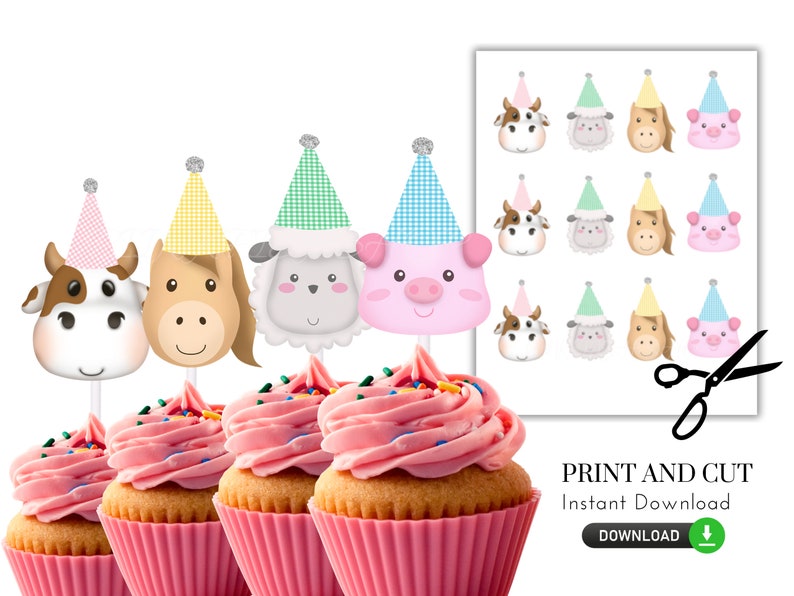 Birthday Farm Animal Cupcake Toppers (printable) - Digital Cow Toppers ...