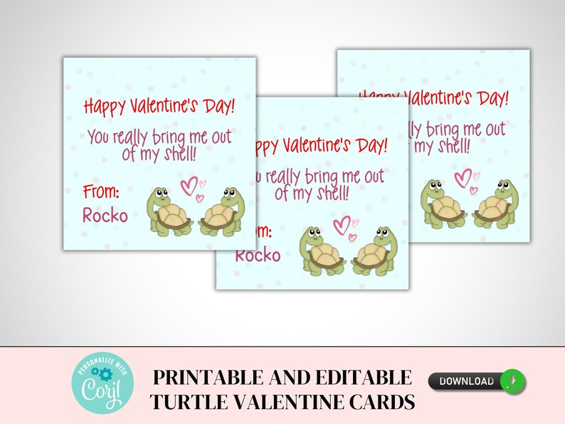 Turtle Valentine Tag- Printable and Editable -valentines Day Card ...