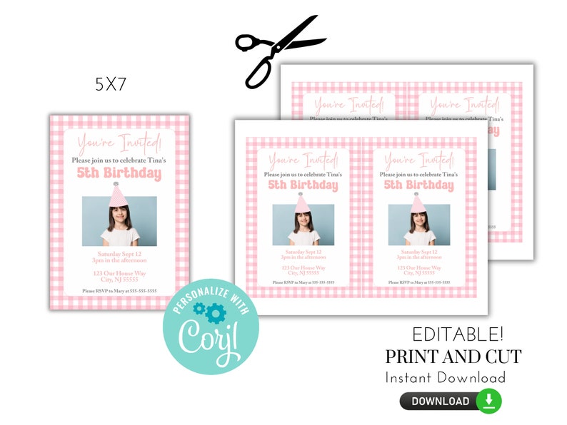 Printable and Editable Pink Gingham Invitation With Photo for Birthday ...