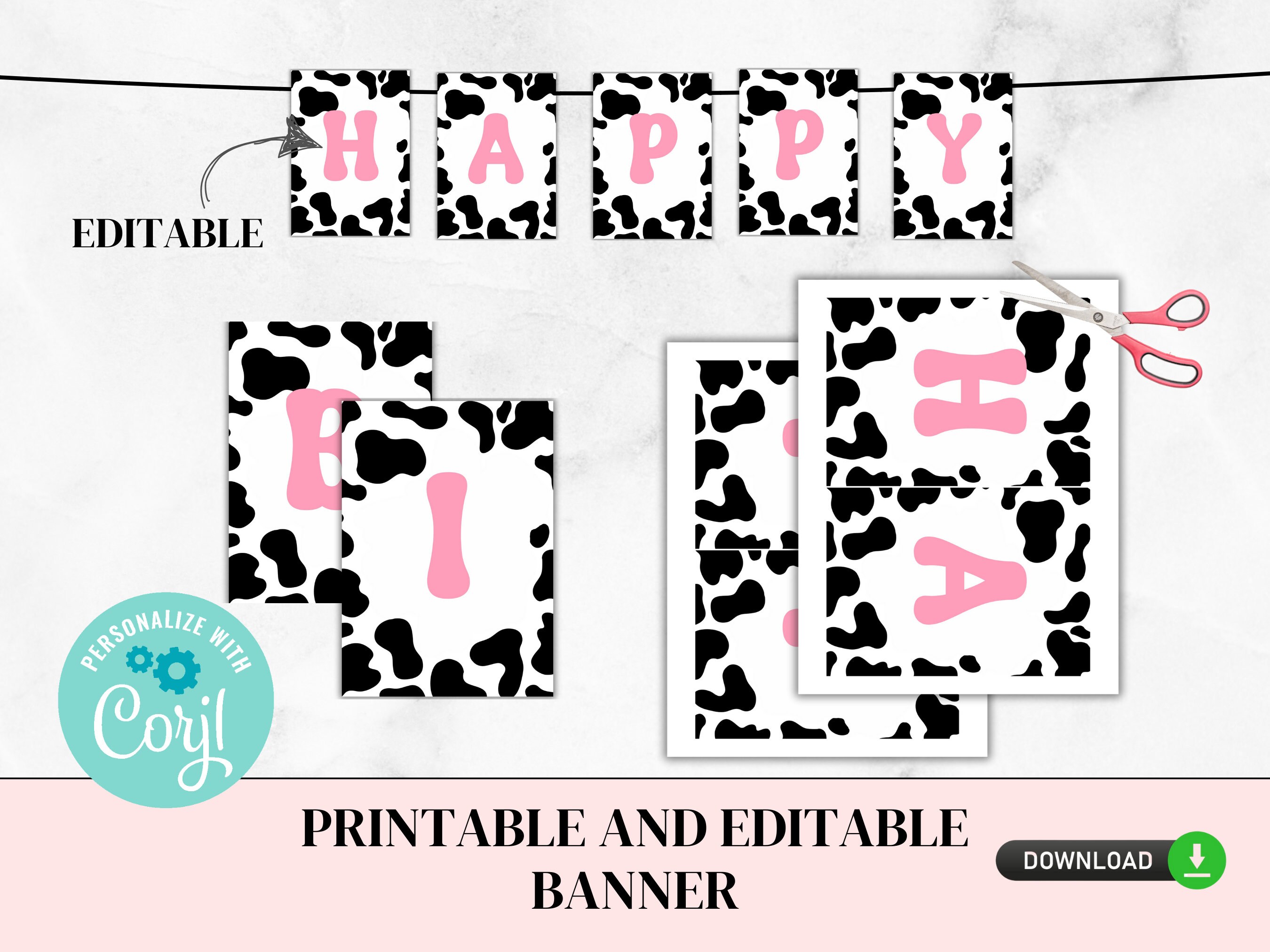 Printable and Editable Banner in Cow Print, Farm Party, Cow Decor, Baby ...