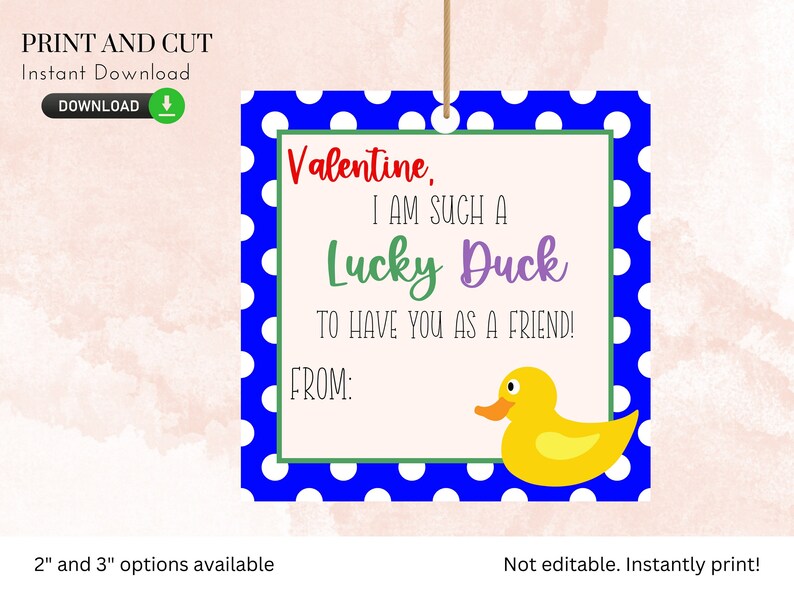 Lucky Duck Valentines Tag- Printable -valentines Day Card, School Vday ...