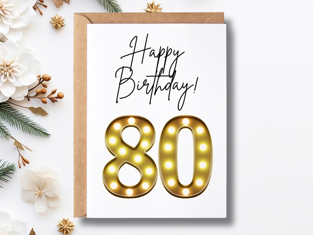 Printable 80th Birthday Card | 80th Bday Card | Marquee Lights | DIY ...