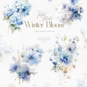 Winter Blossom Watercolor Floral Clipart - Blue and White Flowers for ...