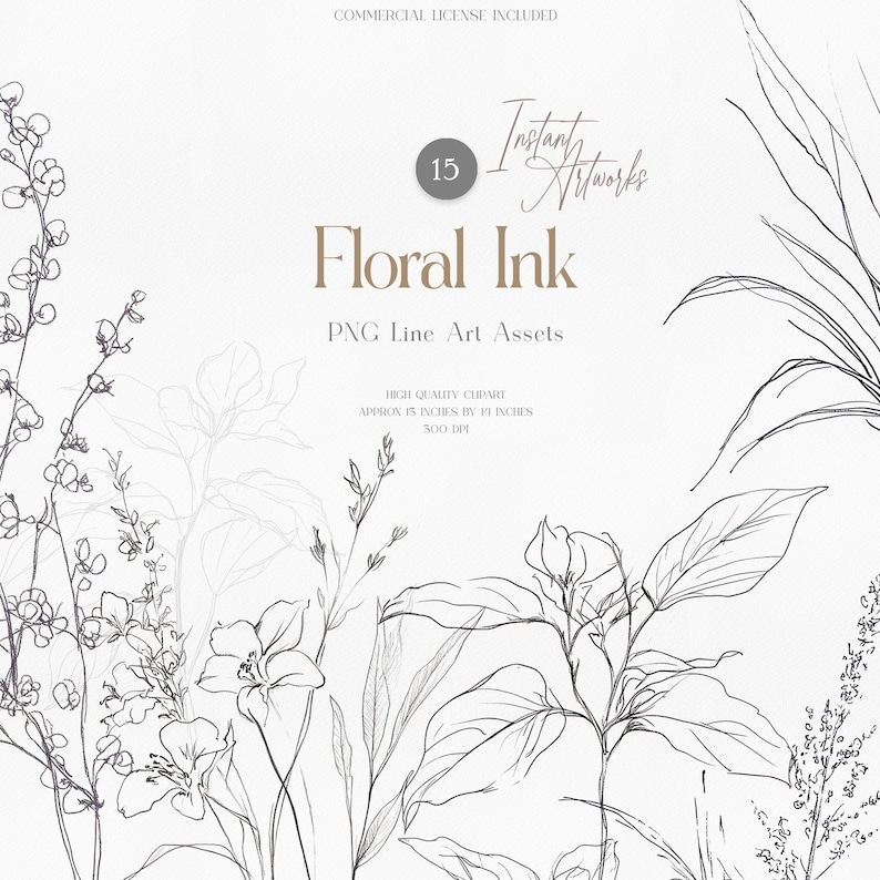 Floral Line Art Clipart - Botanical PNG Bundle - Minimalist Botanical ...