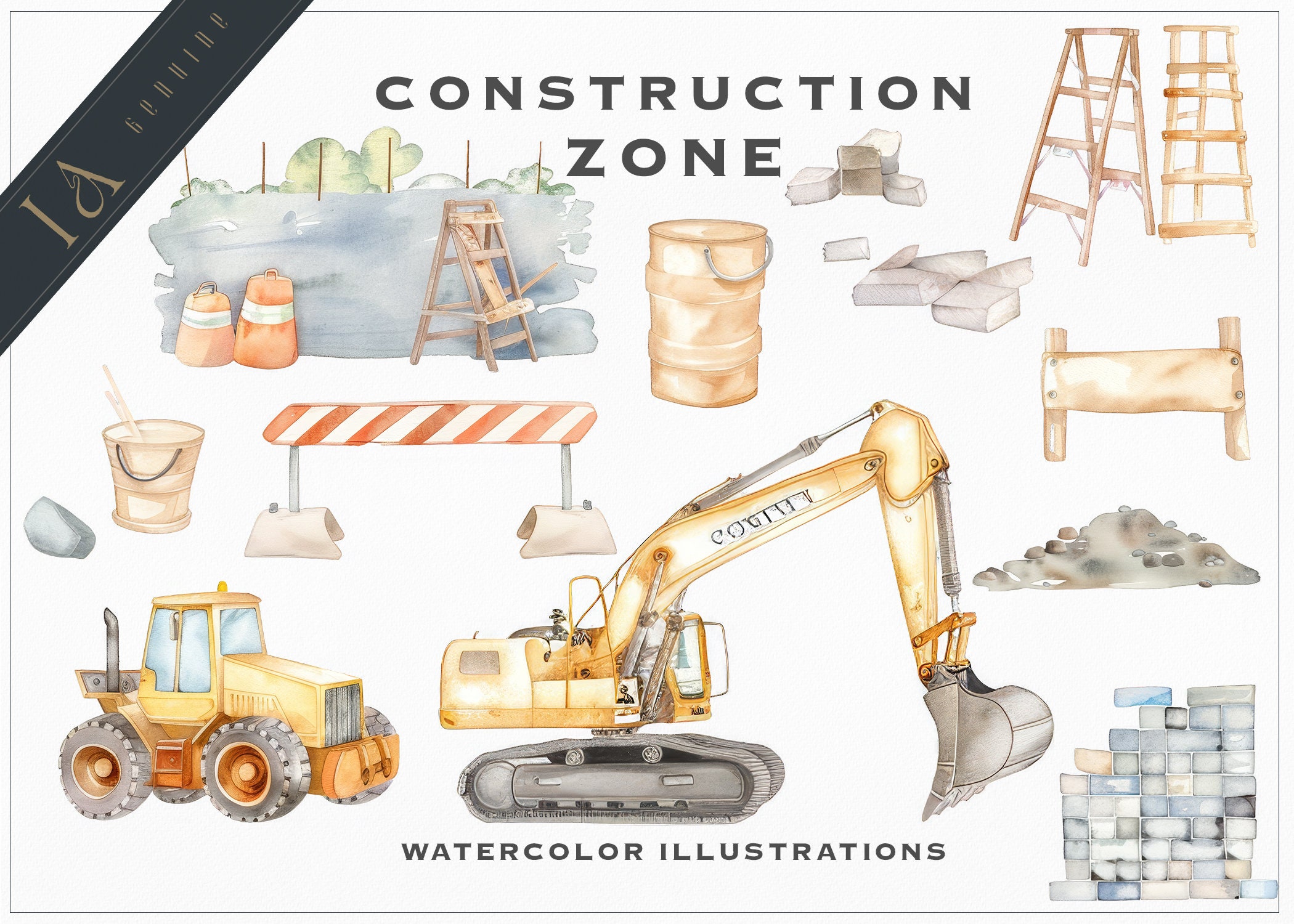 Watercolor Construction Clipart – 55 Vehicles, Kids' Zone (PNG, Digital ...