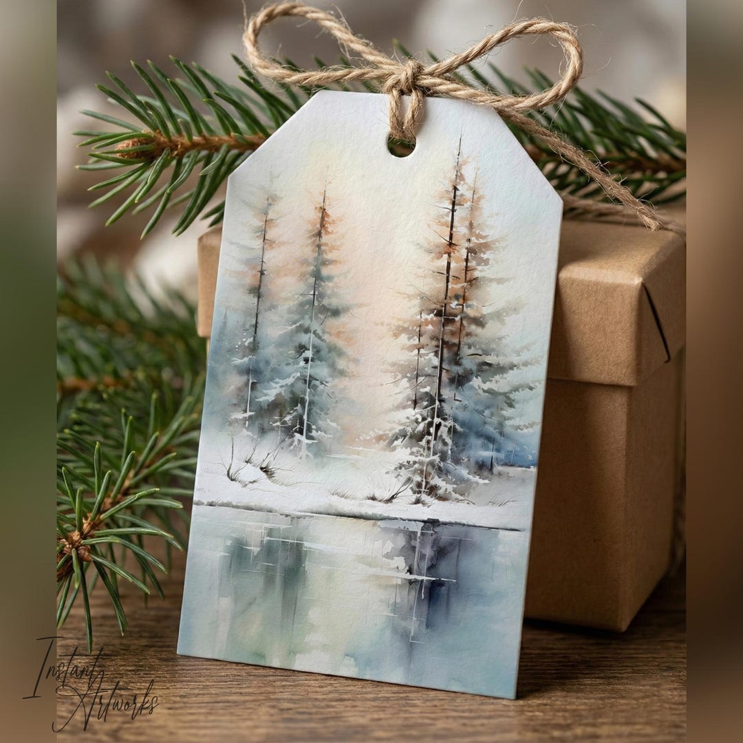 Watercolor Winter Gift Tags, Printable Christmas Tags, Snowy Forest ...
