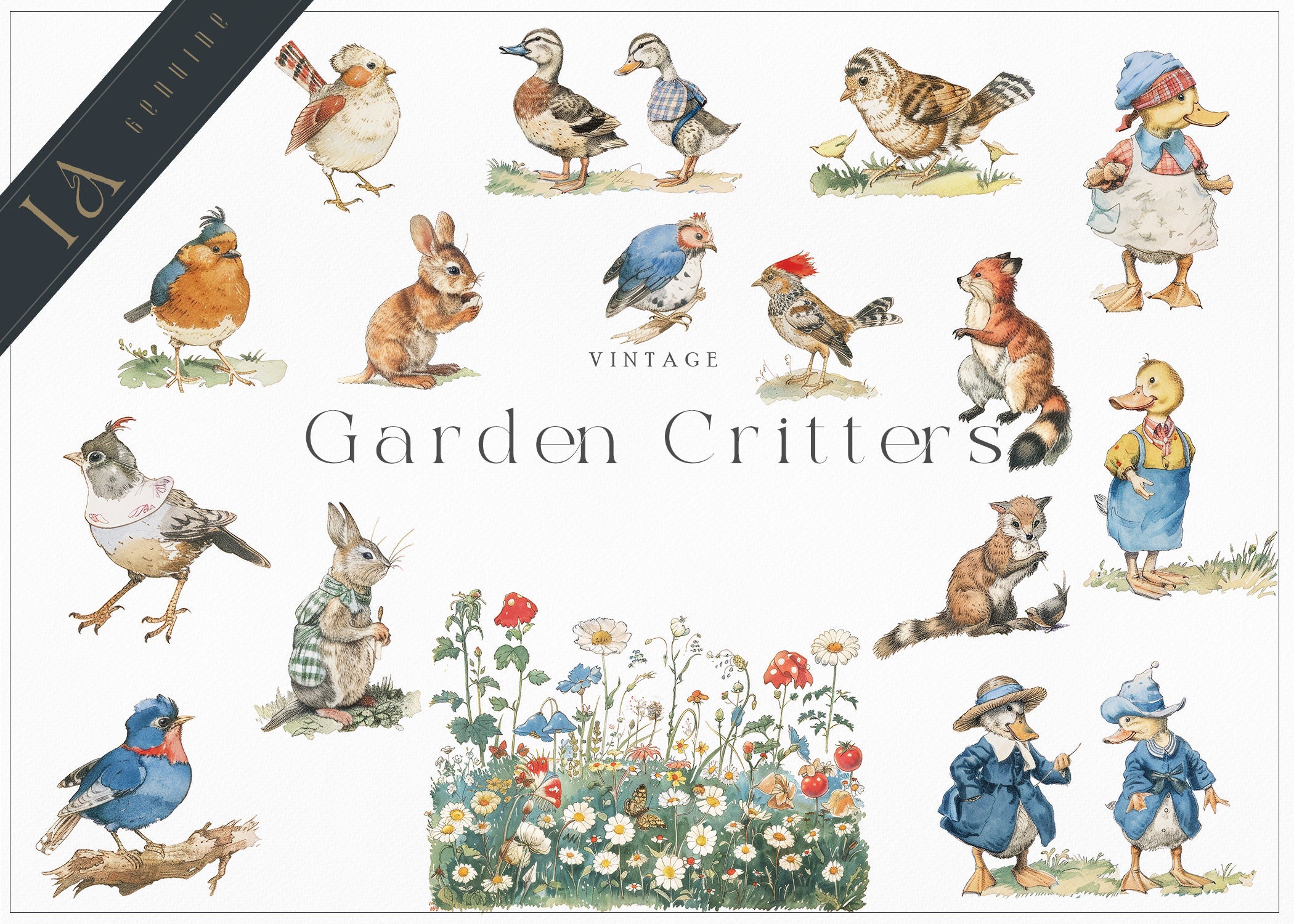 Watercolor Garden Critters Clipart Collection, Vintage Critter Clipart ...
