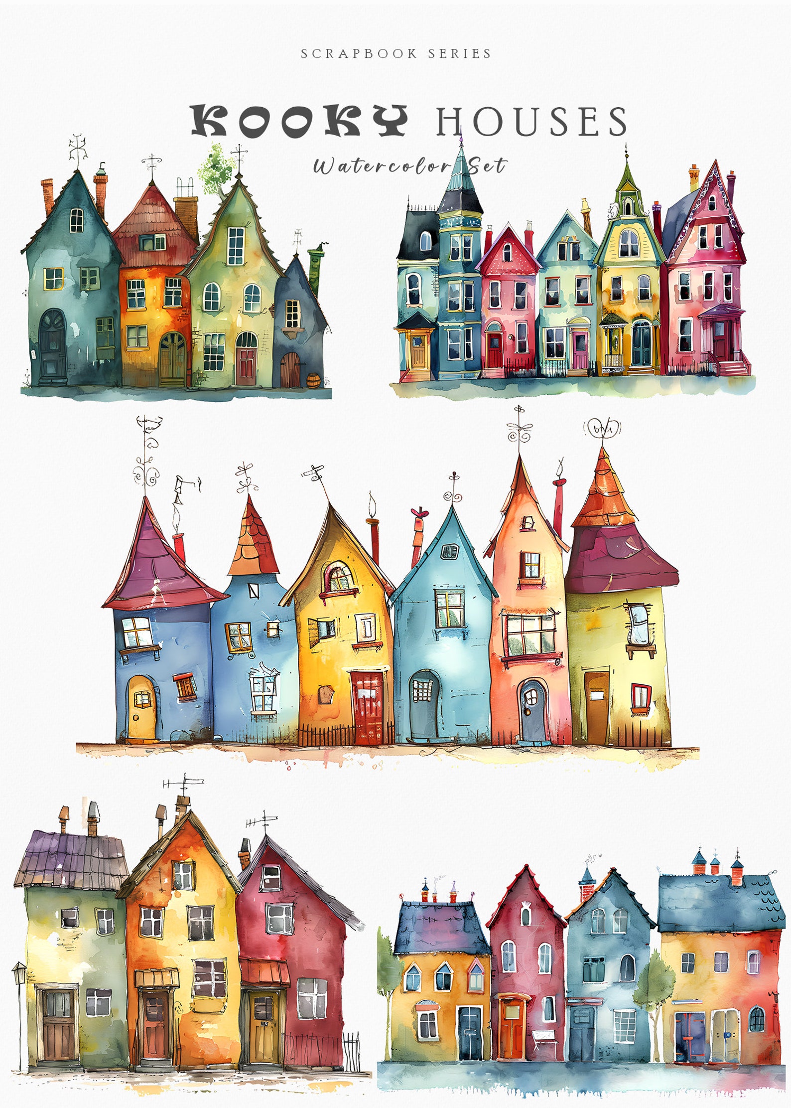 Watercolor Houses Clipart Set - Colorful Buildings for Scrapbooking ...