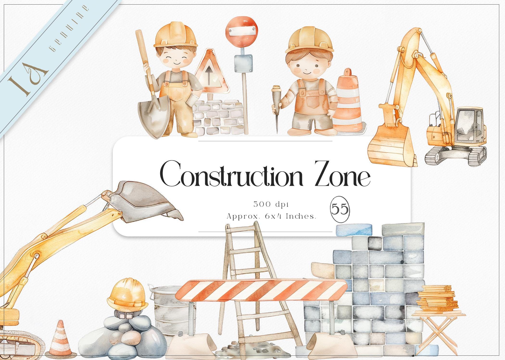 Watercolor Construction Clipart – 55 Vehicles, Kids' Zone (PNG, Digital ...