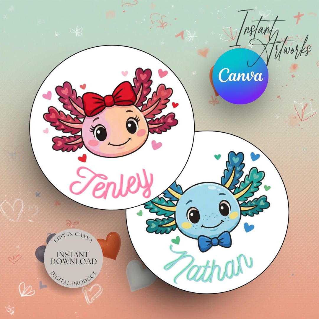 Editable Axolotl Name Tags, Printable School Labels, Custom Kids ...